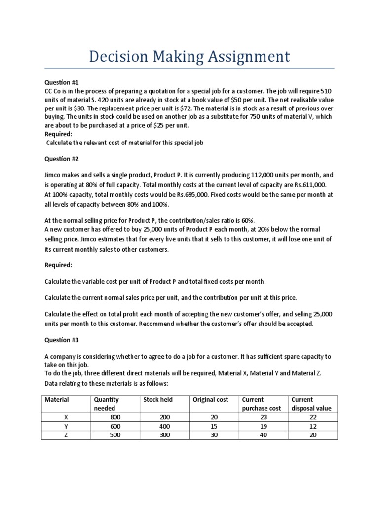 Decision Making Assignment: Question #1 | PDF | Stocks | Sales