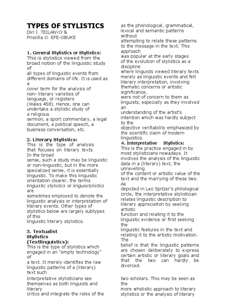 Types of Stylistics: 1. General Stylistics or Stylistics | PDF ...