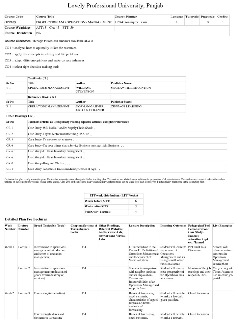 Production Operation Management Pdf Lecture Test Assessment
