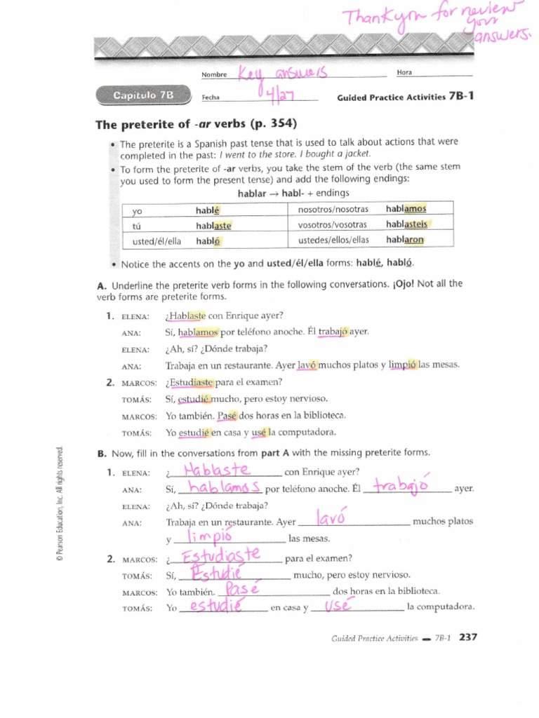 4.27 Notes Preterite of Ar Verbs RESPONSES | PDF