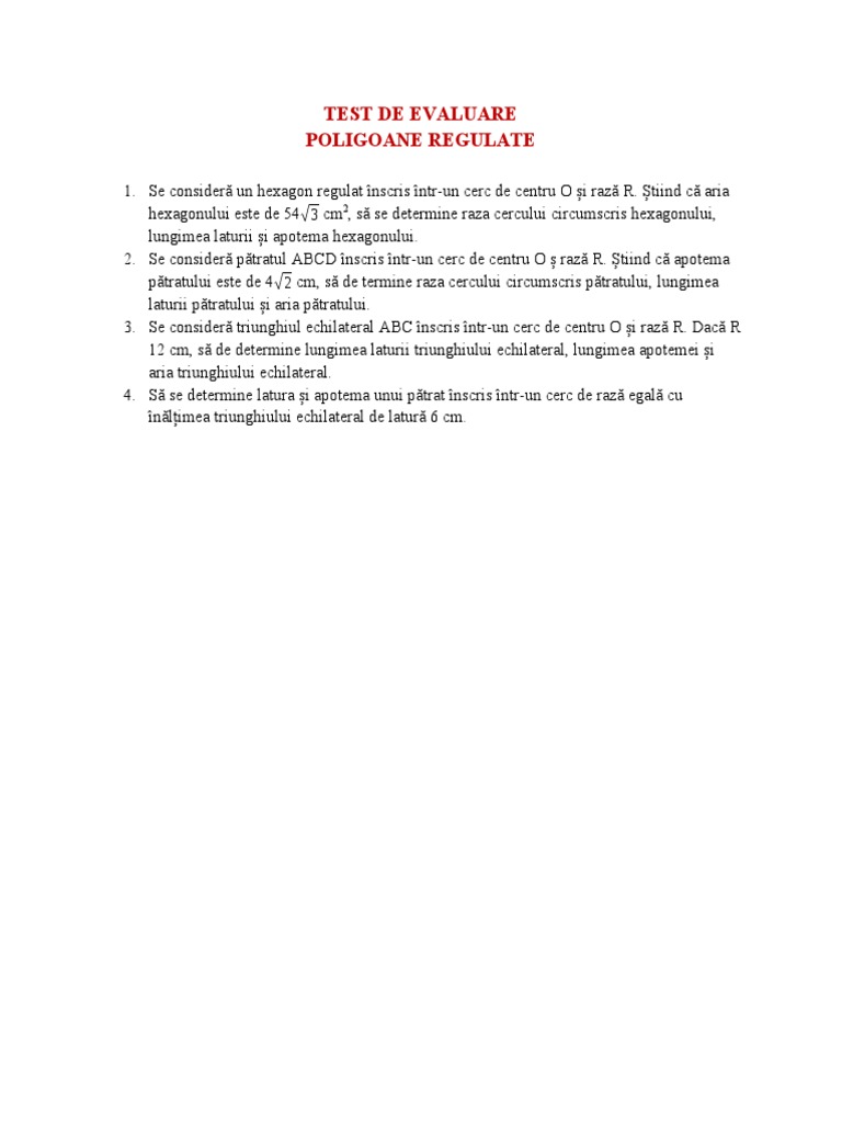 Test de Evaluare Poligoane Regulate | PDF