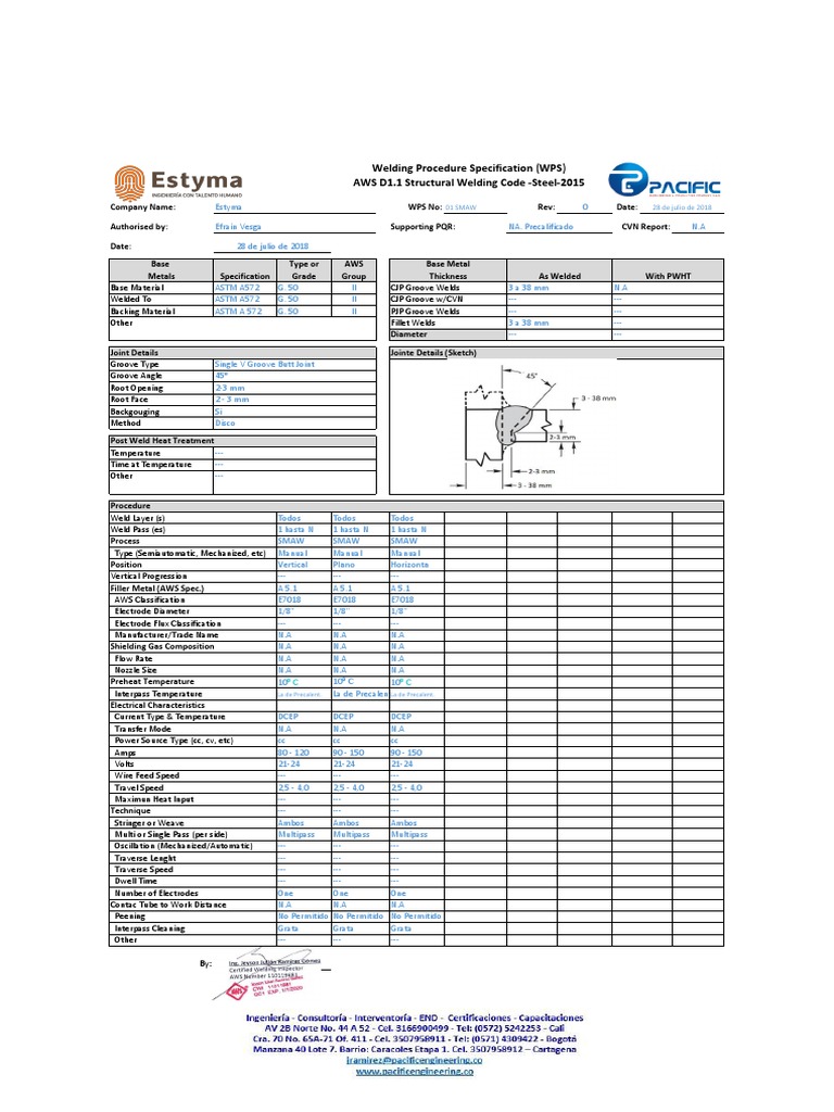 12 - Wps 001 Estyma Smaw. Rev 0 | PDF | Welding | Construction