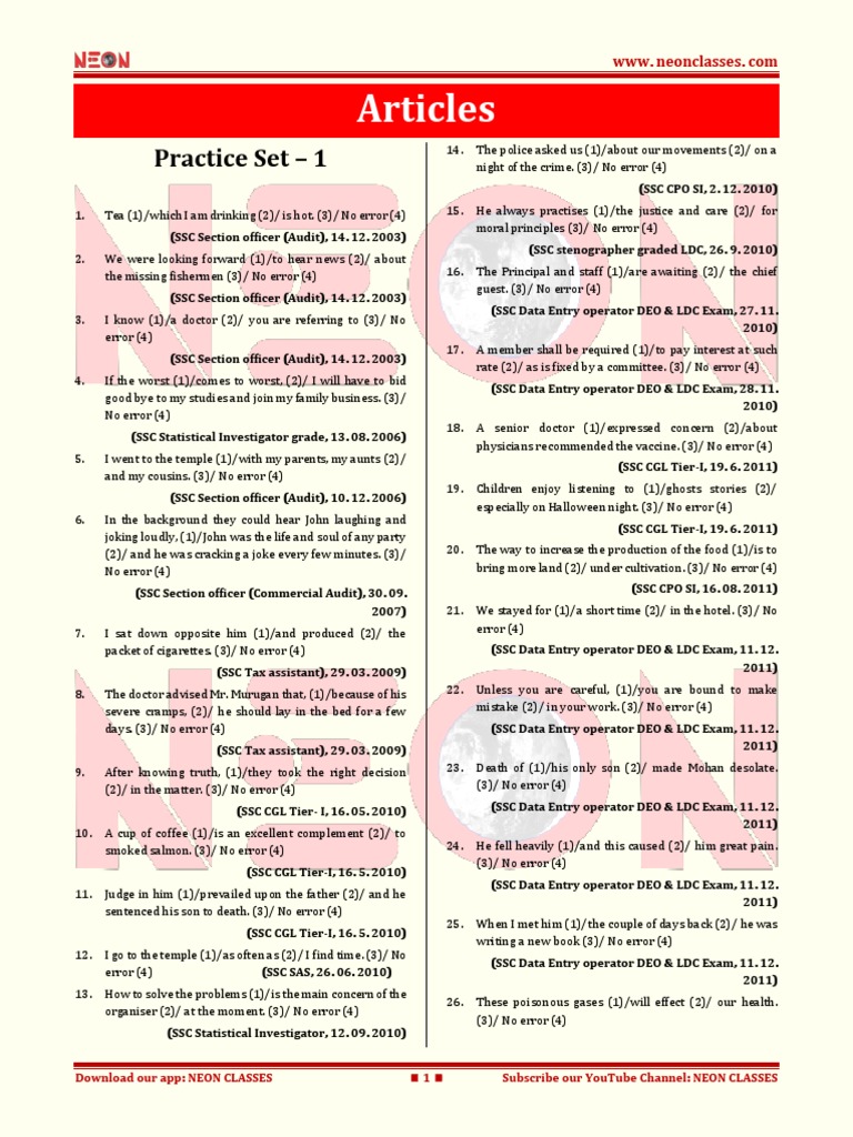 Articles: Practice Set - 1 | Download Free PDF | Morphology ...