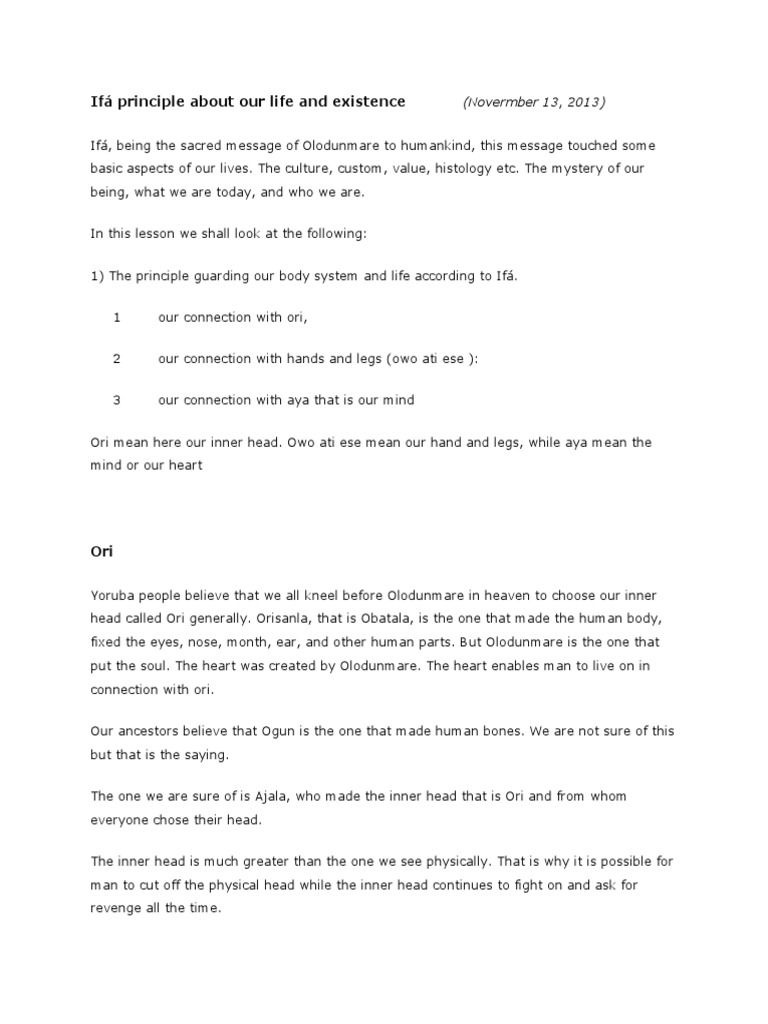 Ifá Principles About Our Life and Existence - ORI | PDF