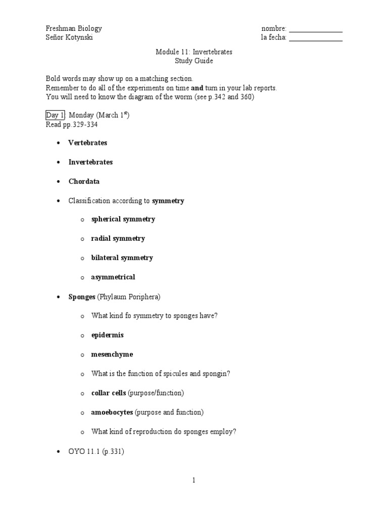 Invertebrate Biology Study Guide | PDF | Invertebrate | Zoology