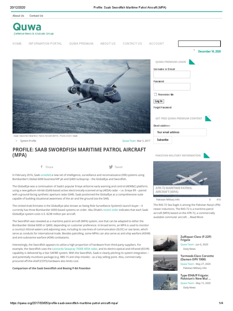 Profile - Saab Swordfish Maritime Patrol Aircraft (MPA) | PDF ...