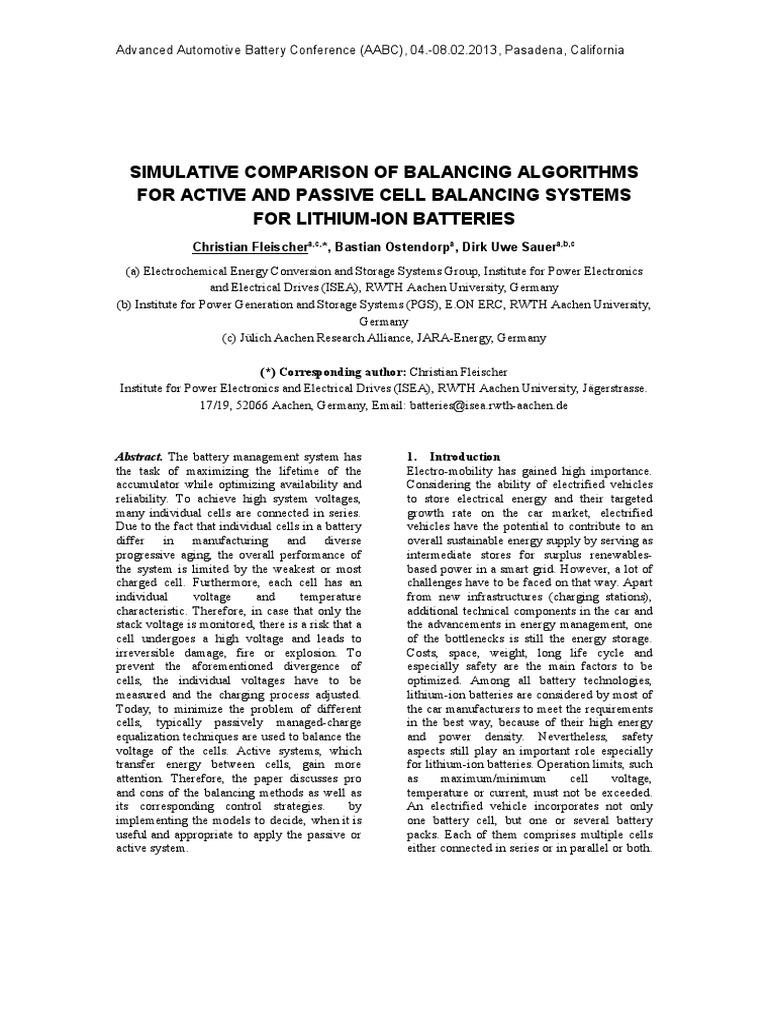 Simulative Comparison of Balancing Algorithms For Active and Passive Cell Balancing Systems For ...