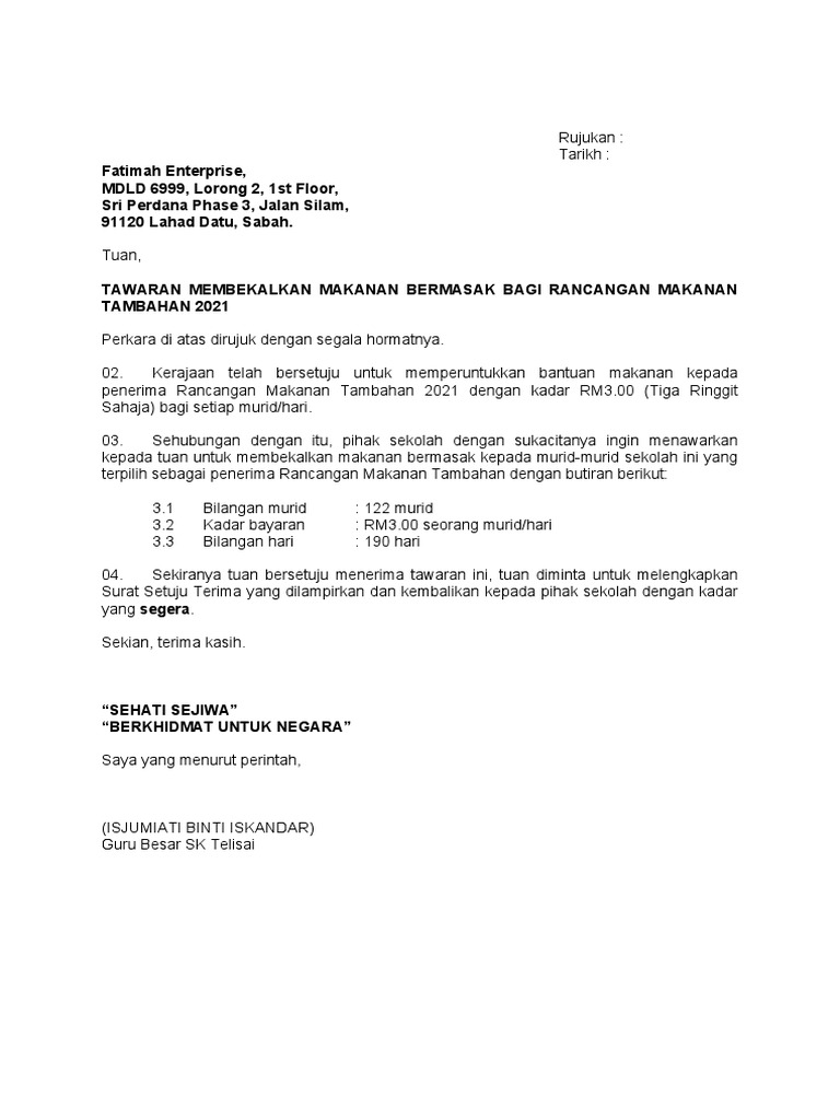 Surat Tawaran RMT Kepada Kantin | PDF