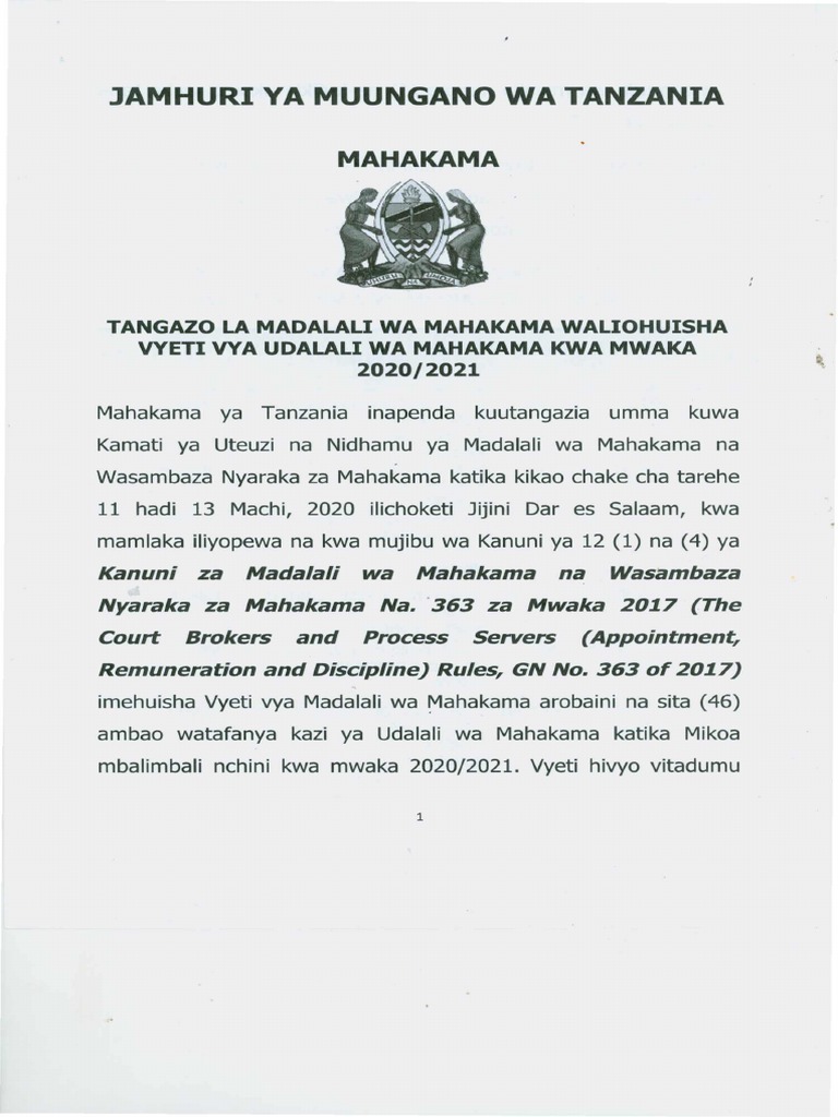 Madalali Wa Mahakama Ya Tanzania, 2020 | PDF
