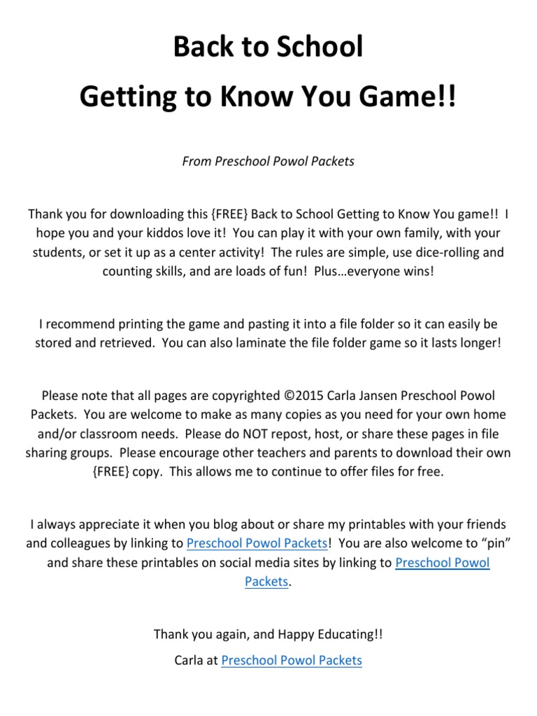 Back To School Getting To Know You Game | PDF