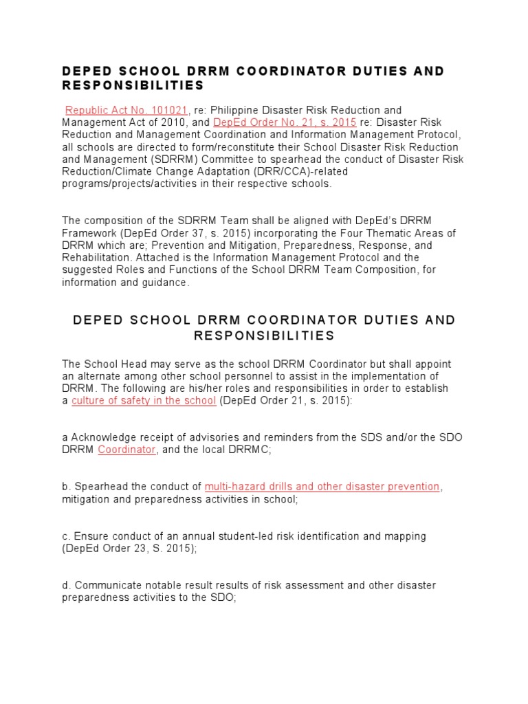 Deped School DRRM Coordinator Duties and Responsibilities | PDF ... Deped School DRRM Coordinator Duties and Responsibilities | PDF ...