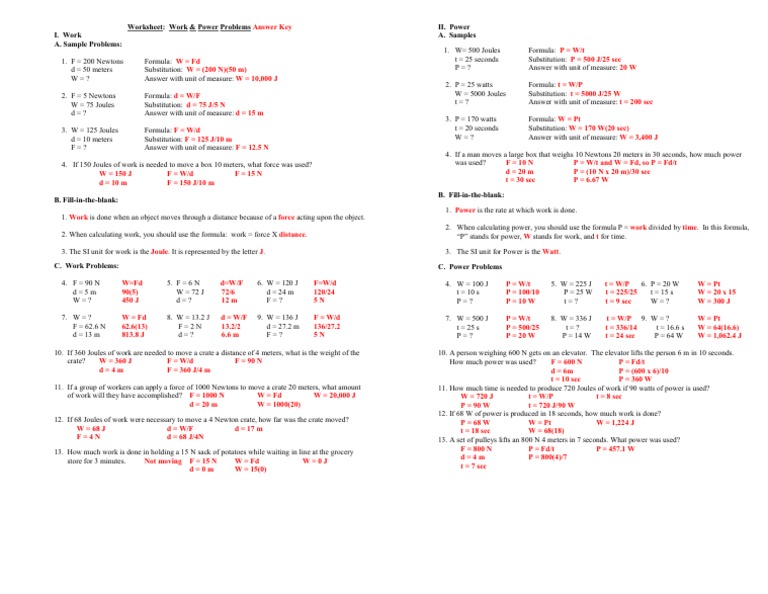 Work and Power Worksheet Key | PDF | Classical Mechanics | Metrology
