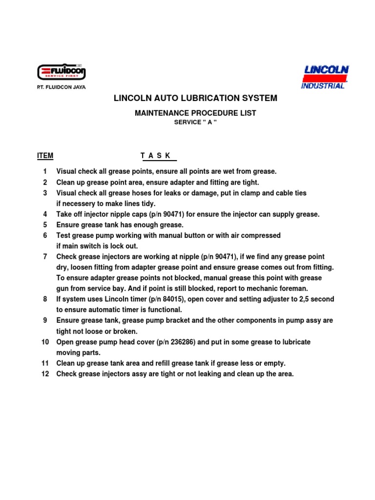 Lincoln Auto Lubrication System: Maintenance Procedure List | PDF