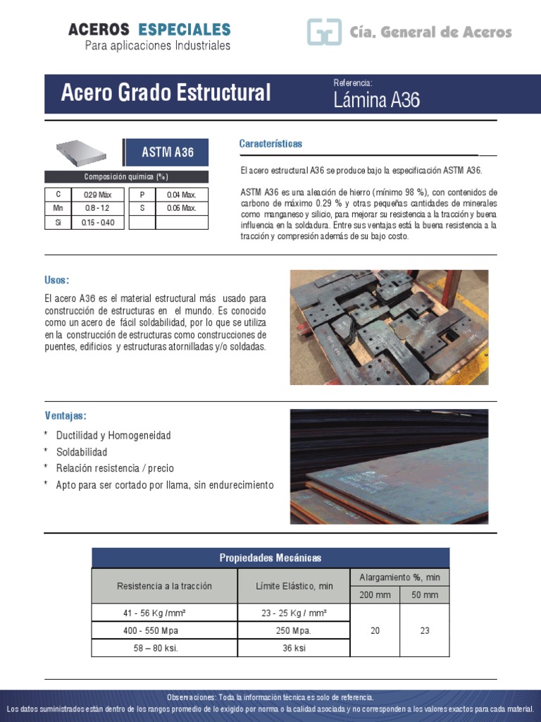 Ficha Técnica Aceros Grado Estructural A36 | PDF | Acero | Soldadura