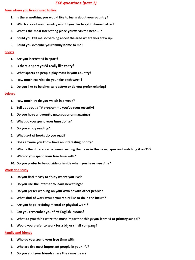 FCE Questions Part 1 | PDF | Leisure | Sports