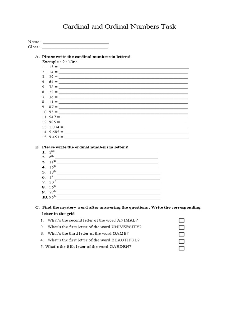 Cardinal and Ordinal Numbers Task | PDF
