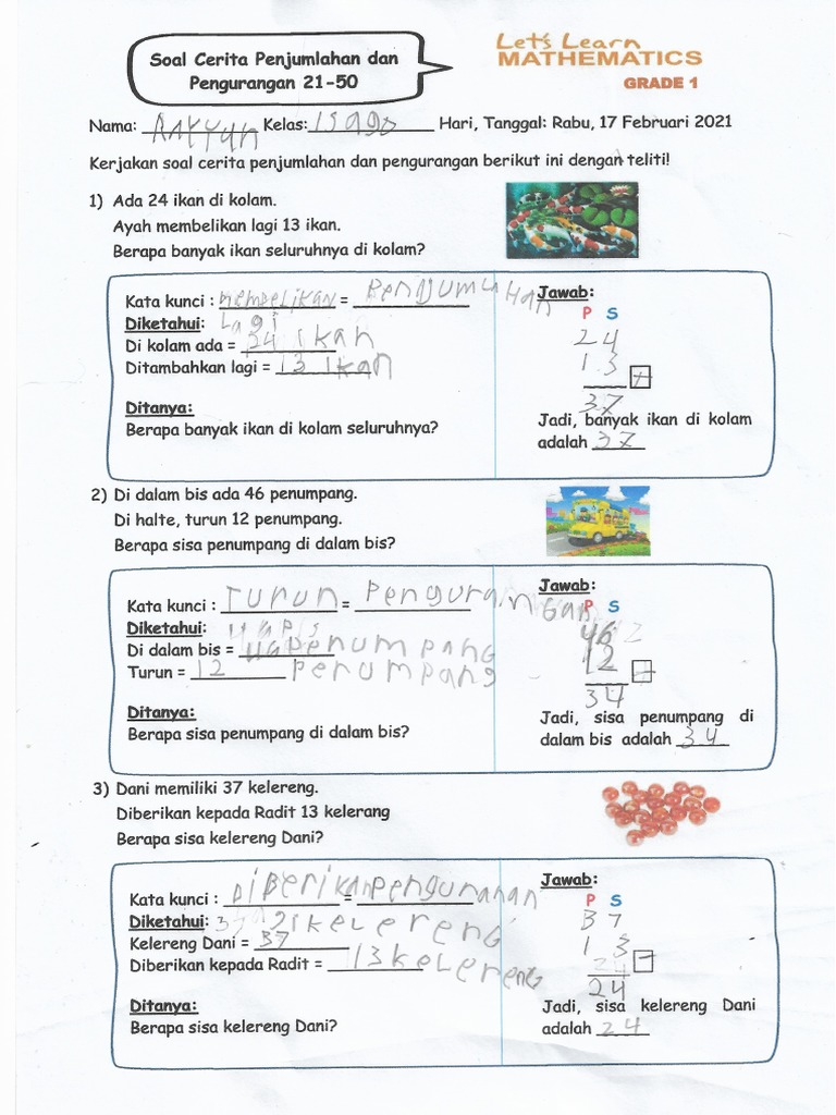 Math - Soal Cerita Penjumlahan Dan Pengurangan Bilangan 21-50. 17 ...