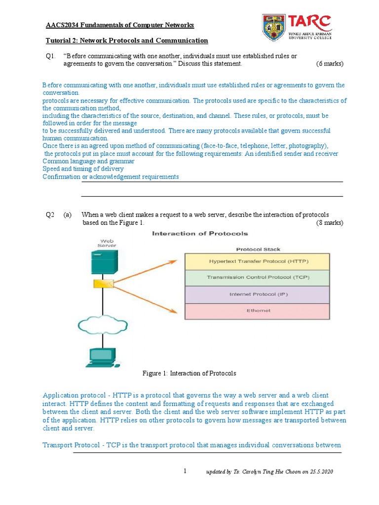 Ork Protocols and Communication: AACS2034 Fundamentals of Computer Networks Tutorial 2: Netw ...