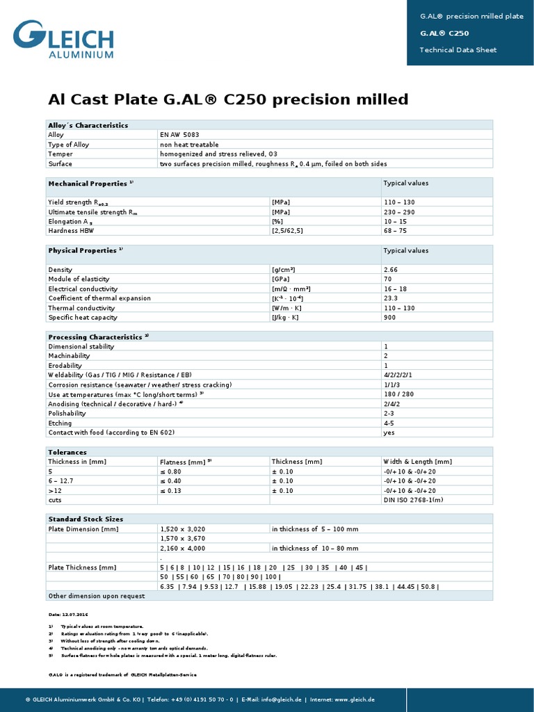 Al Cast Plate G.AL® C250 Precision Milled: Alloy S Characteristics ...