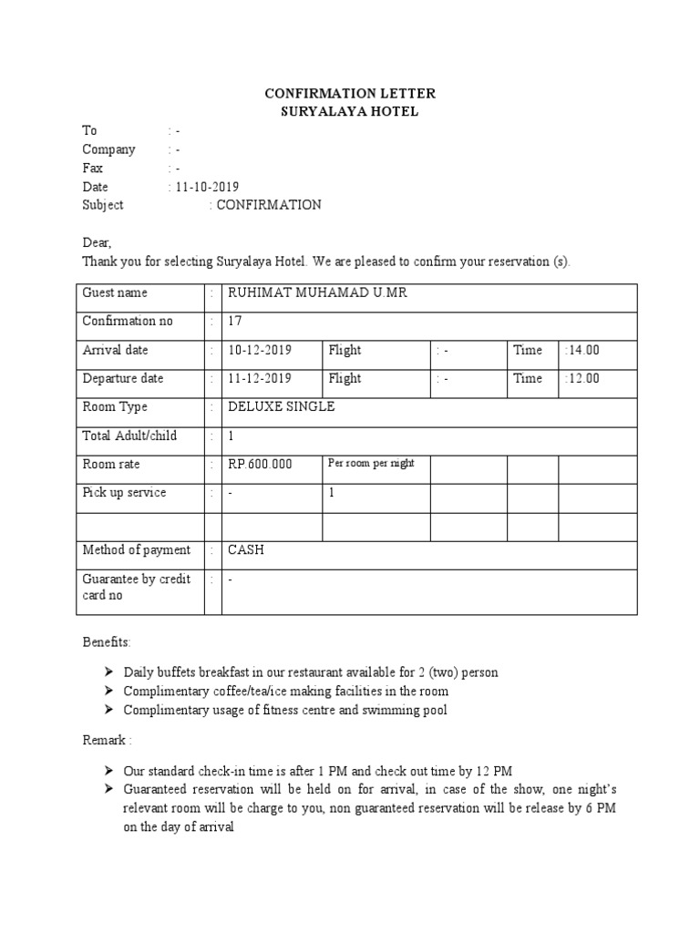 Confirmation Letter Suryalaya Hotel: Per Room Per Night | PDF