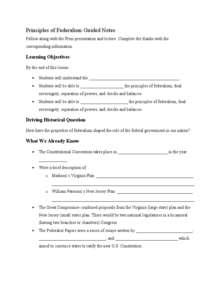 Principles of Federalism Guided Notes | PDF | Federalism | Separation ...