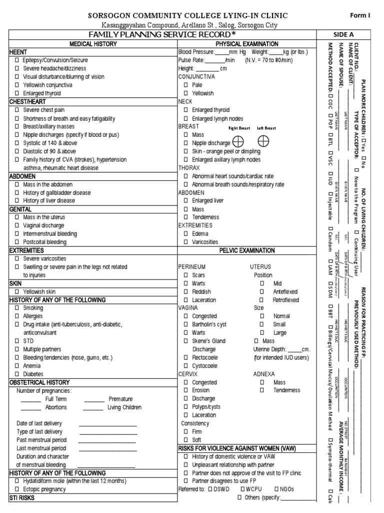 Family Planning Service Record Form I | PDF | Vagina | Blood Pressure