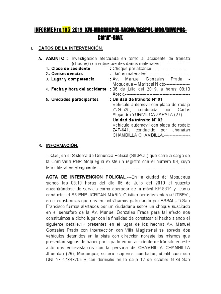 Informe Policial Choque Yurivilca | PDF | Transporte por carretera ...