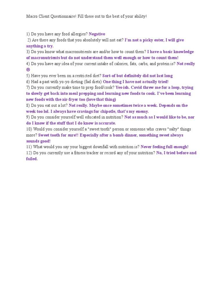 Nutrition Client Questionnaire | PDF