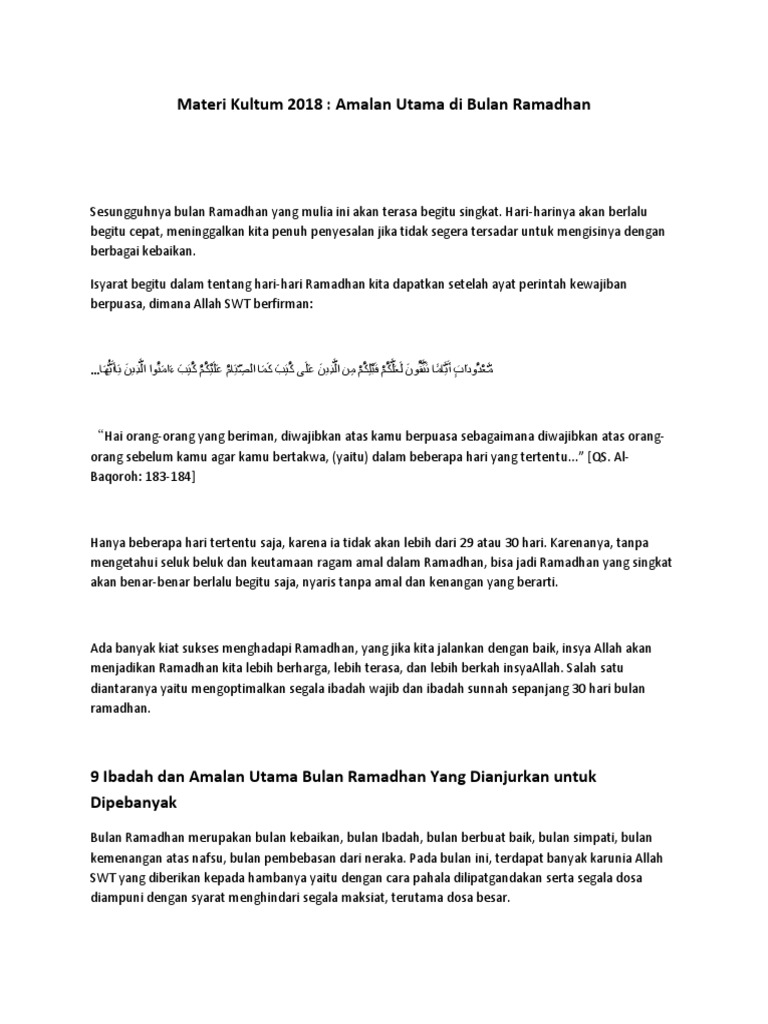 Amalan Utama Di Bulan Ramadhan | PDF