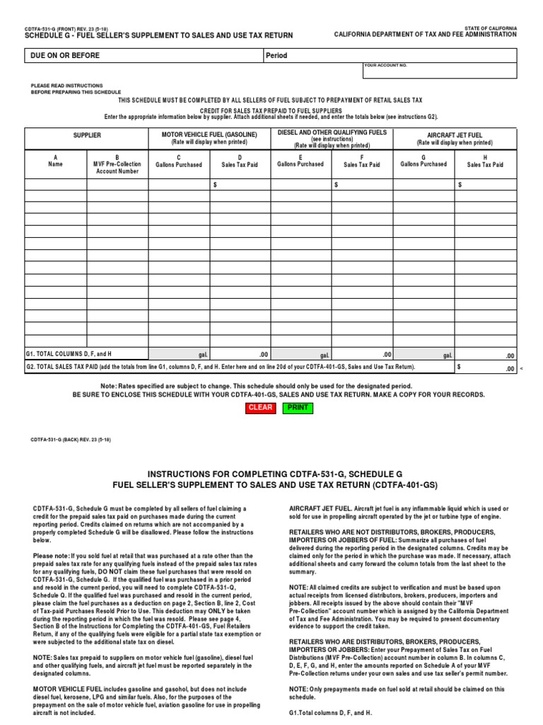 Schedule G - Fuel Seller'S Supplement To Sales and Use Tax Return Due ...