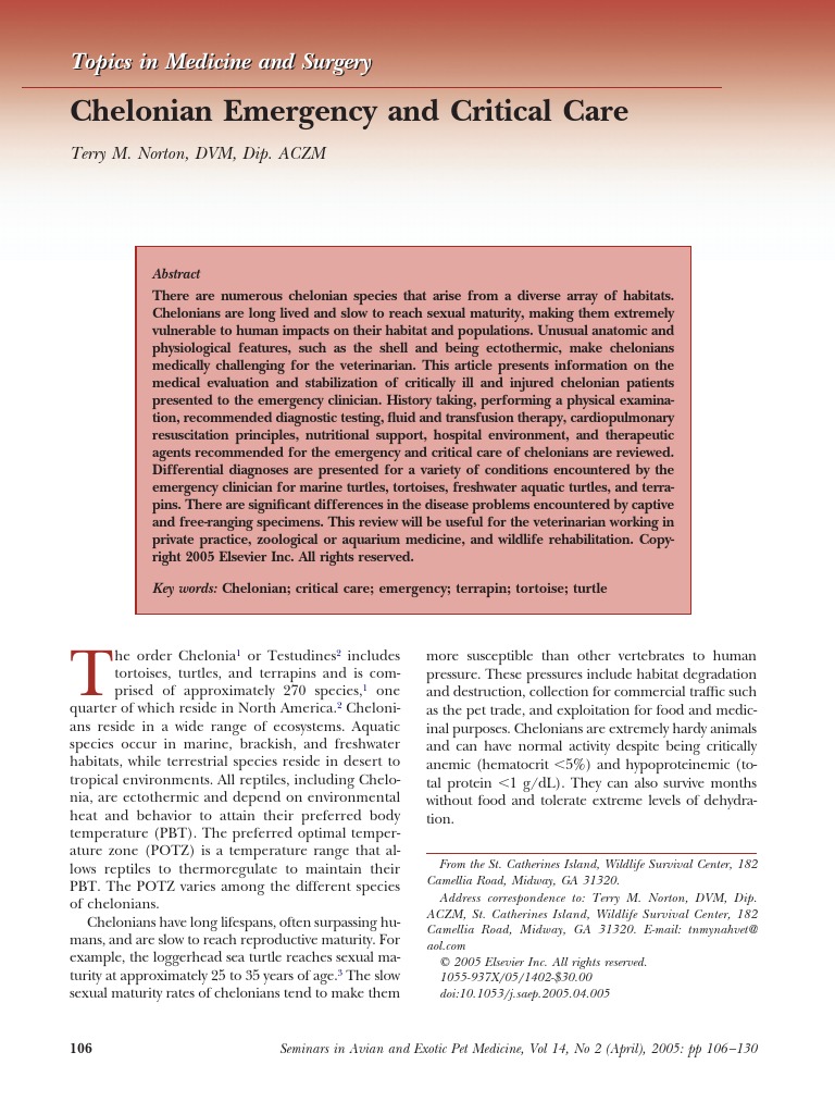 Chelonian Emergency and Critical Care | PDF | Anesthesia | Intravenous ...