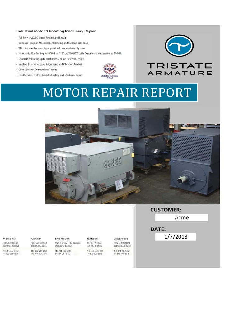 Sample Report As Motor Repair Report ACME 75HP | PDF | Electric Motor ...