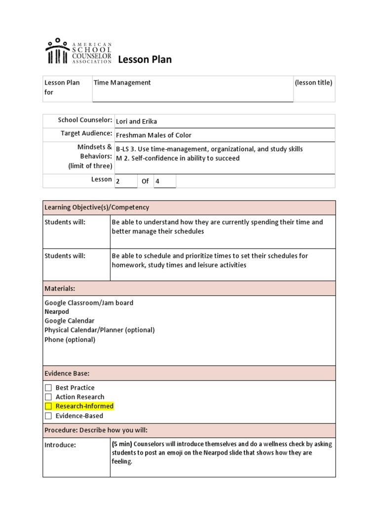 Lesson Plan-Time Management | PDF | Homework | School Counselor