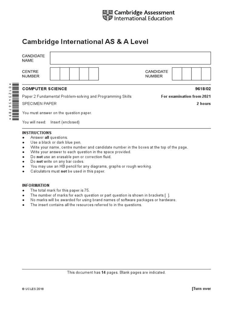 Cambridge International AS & A Level: Computer Science 9618/02 | PDF ...