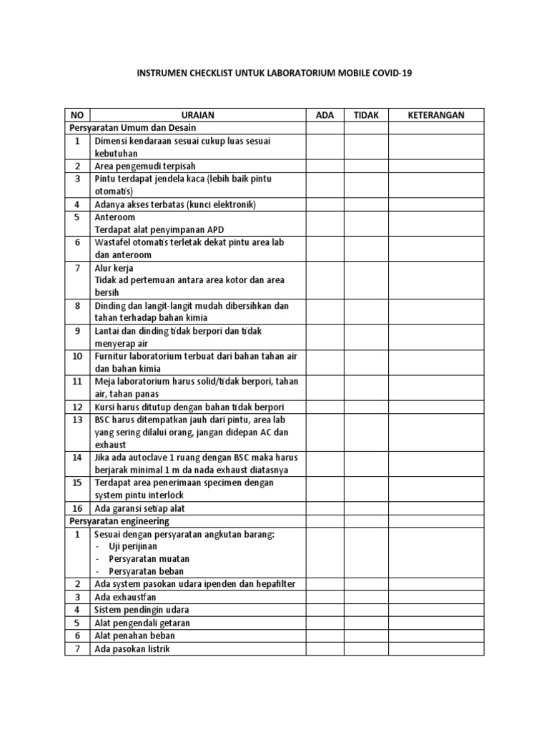 Instrumen Checklist Untuk Laboratorium Mobile Covid | PDF