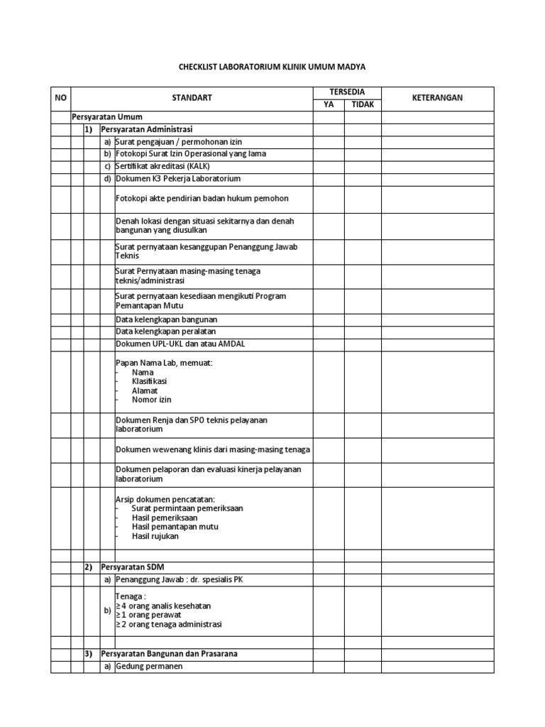 Checklist Laboratorium Klinik | PDF