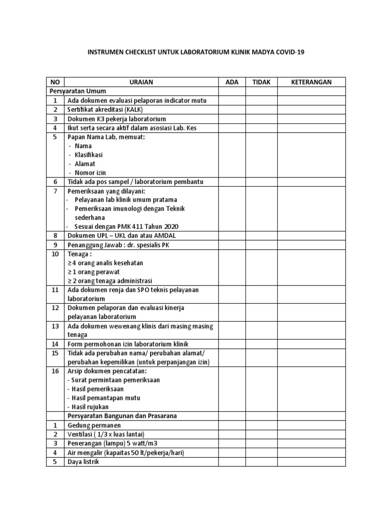 Instrumen Checklist Untuk Laboratorium Klinik Madya (Stella) | PDF