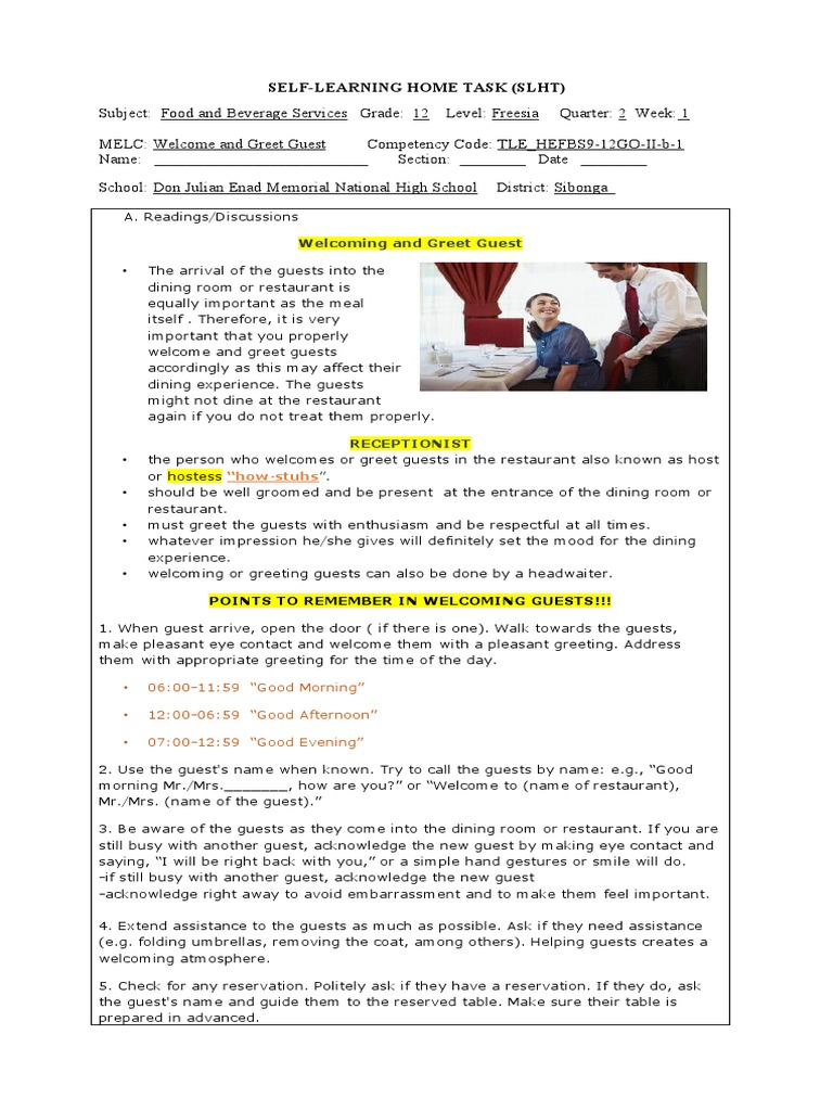 SLHT-FORMAT-fbs Week 1 For Print | PDF | Waiting Staff | Restaurants