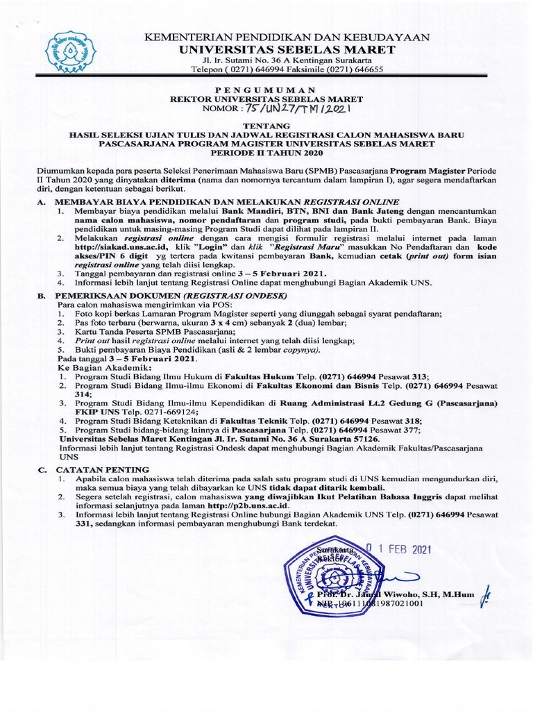 Pengumuman Rektor TTG Hasil Seleksi Ujian Tulis Dan Jadwal Registrasi Calon Mhs Baru PPs Program ...