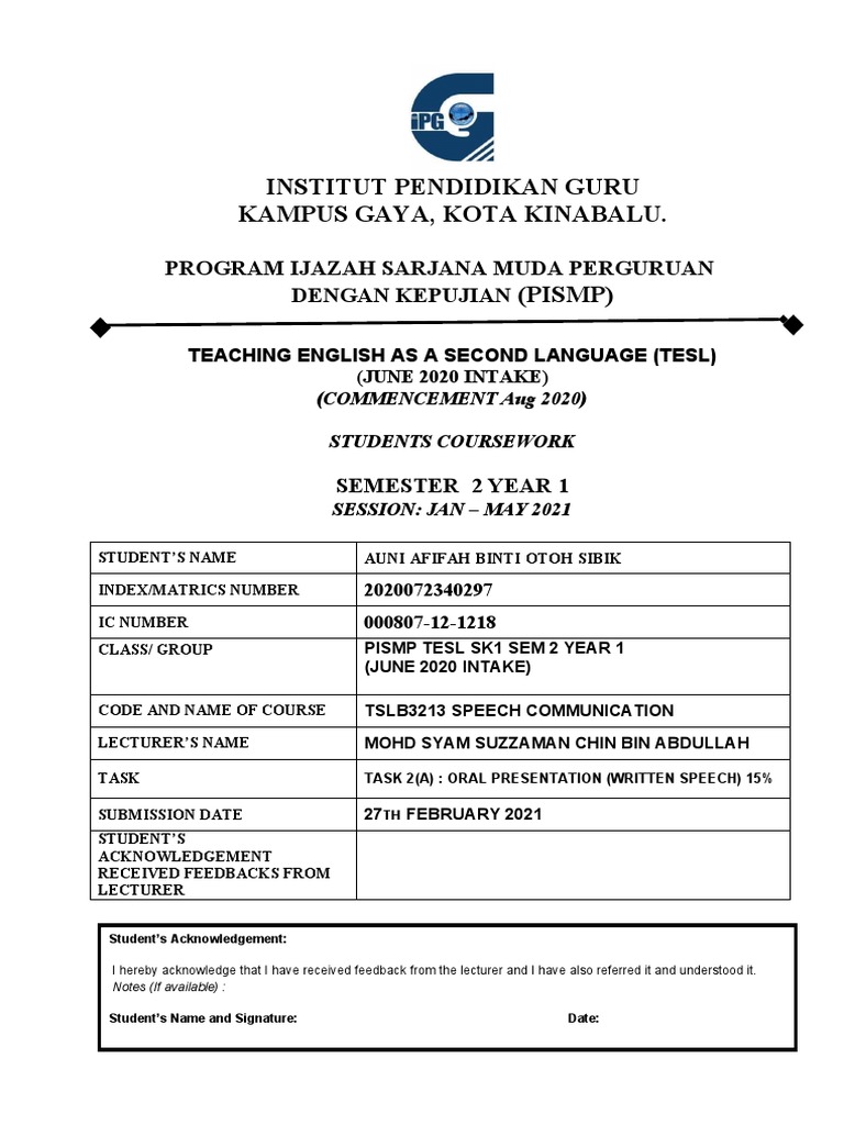 TSL3213 Task 2a Written Speech - Auni Afifah | PDF | Educational ...
