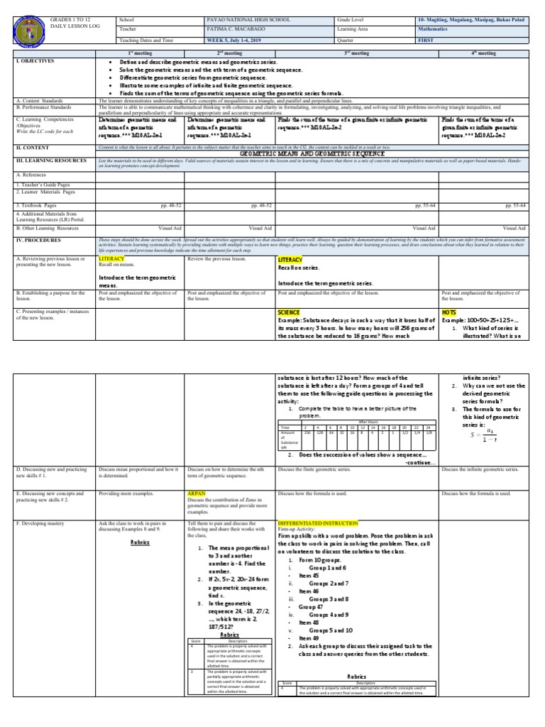 MATH 10 DLL WEEK 5 Jul. 1-4, 2019 | PDF | Geometry | Sequence