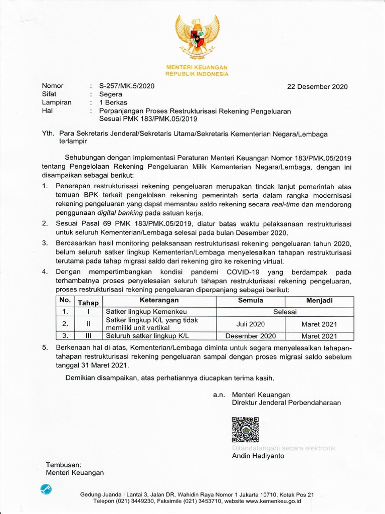 Surat Menteri Keuangan Nomor S-257/MK.05/2020 | PDF