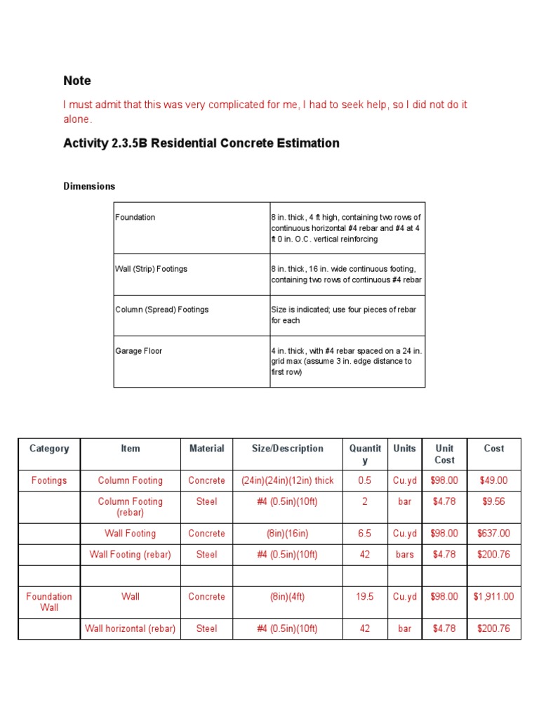 Activity 2.3.5B Residential Concrete Estimation | PDF | Wall ...