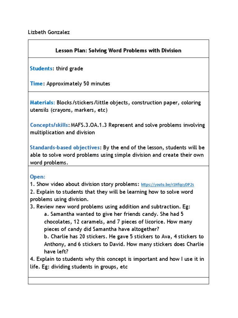 Lesson Plan: Solving Word Problems With Division: Students Time ...