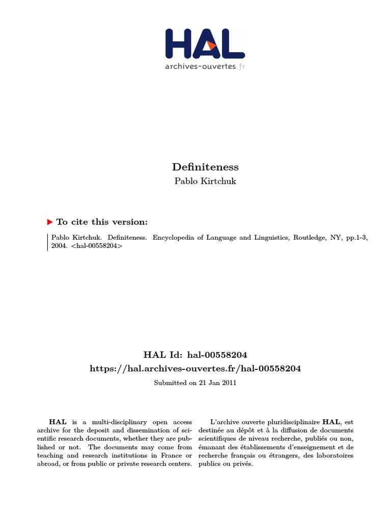 Definiteness To Cite This Version PDF Noun Verb