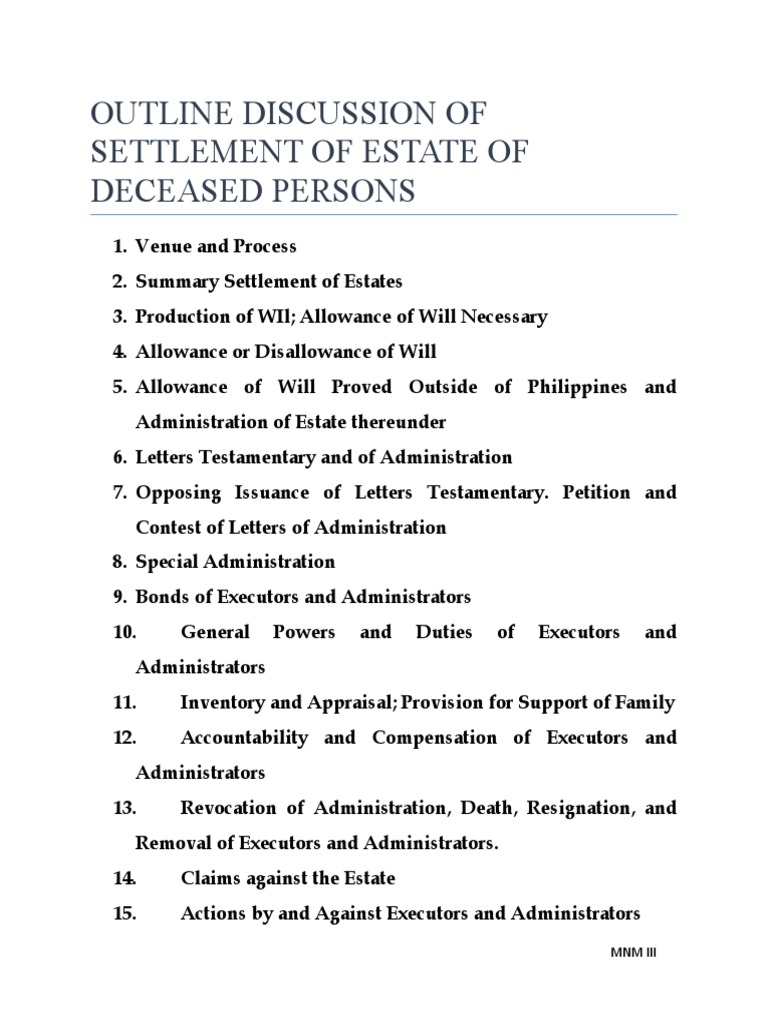 Settlement of Estate Outline | PDF | Will And Testament | Probate