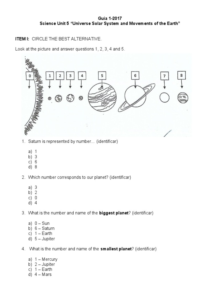 Guía 1-2017 - Sicence Unit 5 Universe Solar System and Movements of The ...