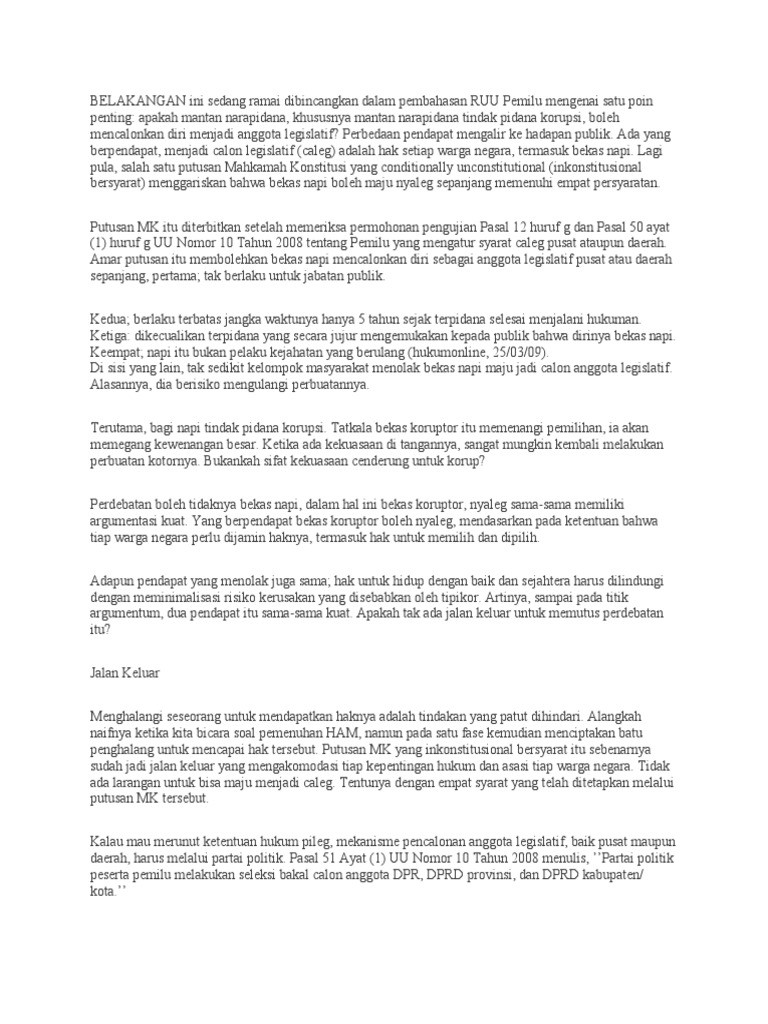 Solusi Mantan Napi Korupsi | PDF | Politik