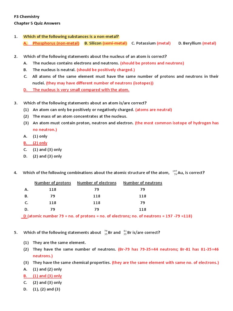 Ch5 Quiz Answers | PDF | Atoms | Atomic Nucleus