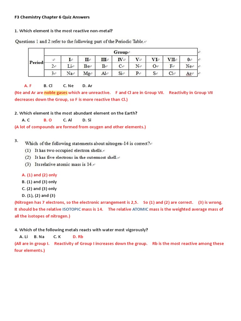 Chapter 6 Quiz Answers | PDF | Chemical Elements | Chlorine